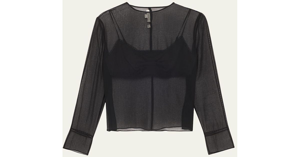 Vince Sheer Lace-Trim Long-Sleeve Top in Black | Lyst