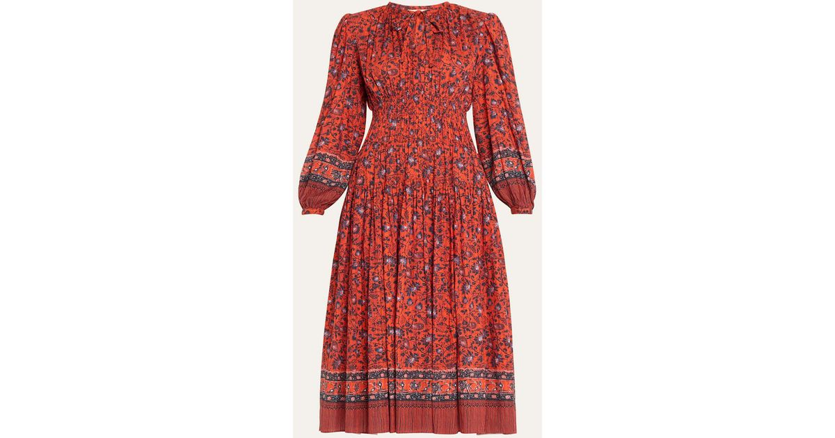 Ulla Johnson Mona Floral Long-Sleeve Midi Dress in Red | Lyst