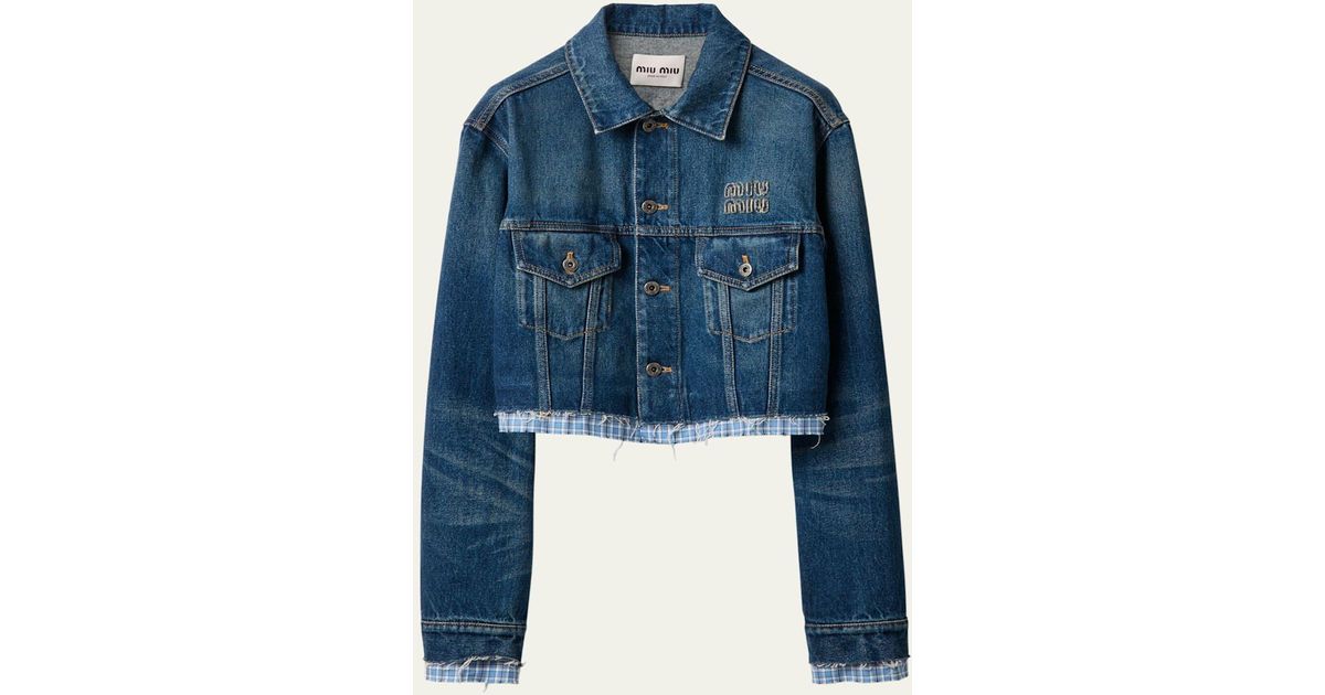 Miu Miu Cropped Denim Button Down Raw-Cut Jacket in Blue | Lyst