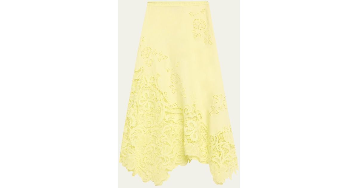 Ulla Johnson Rae Lace Linen Midi Skirt in Yellow | Lyst