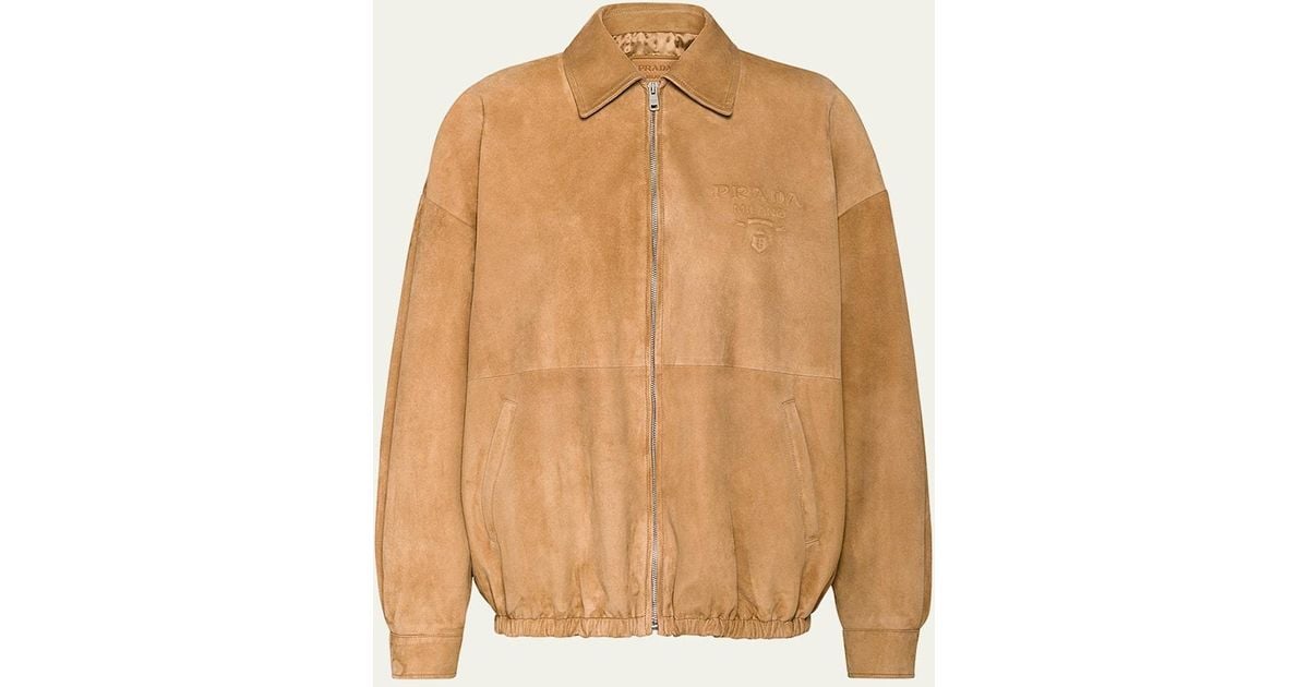 Prada Embossed Logo Suede Bomber Jacket in Natural | Lyst