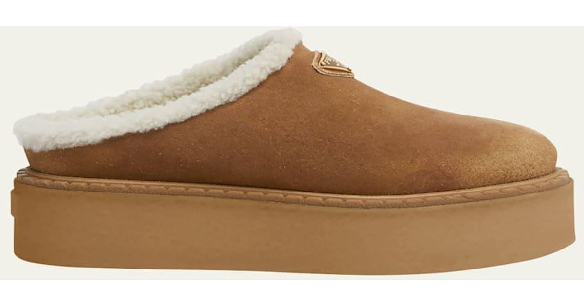 Prada Suede Shearling Cozy Platform Mules in Brown | Lyst
