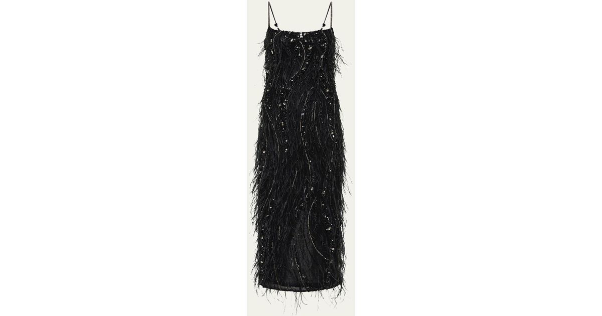 Rachel Gilbert Cynthia Sequined Midi Feathered Dress in Black | Lyst