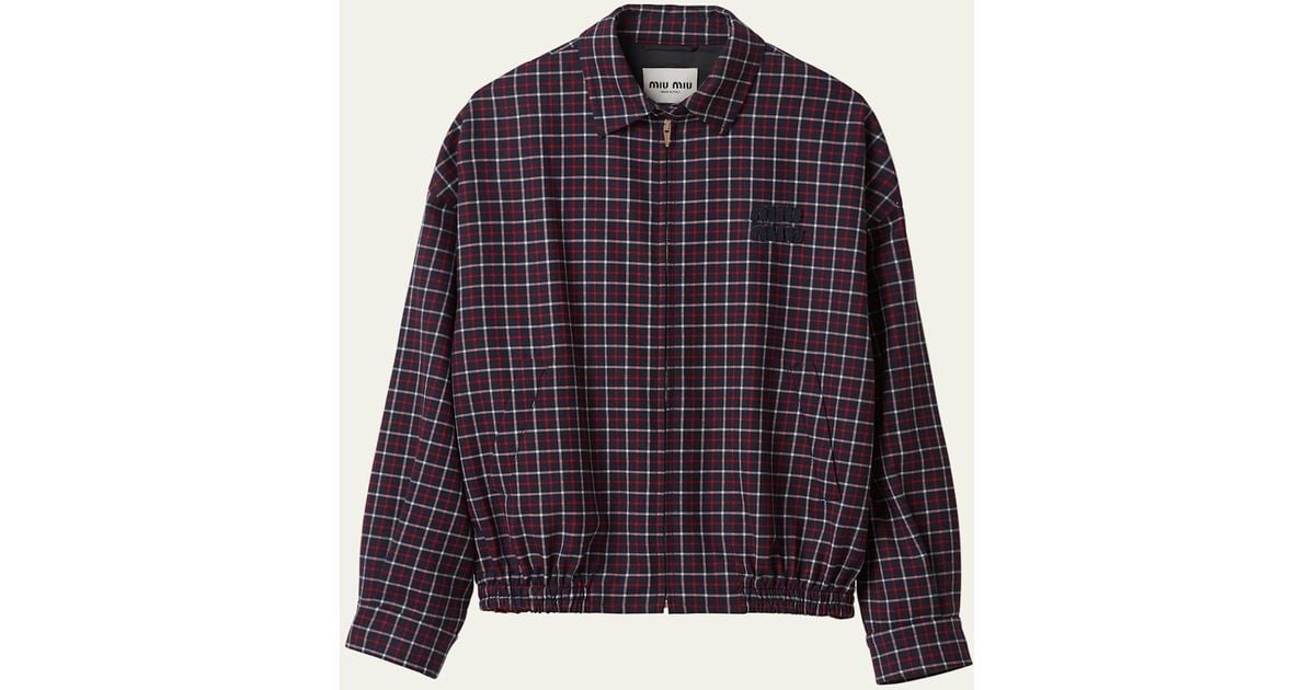 Miu Miu Check Logo Oversized Wool Bomber Jacket in Blue | Lyst