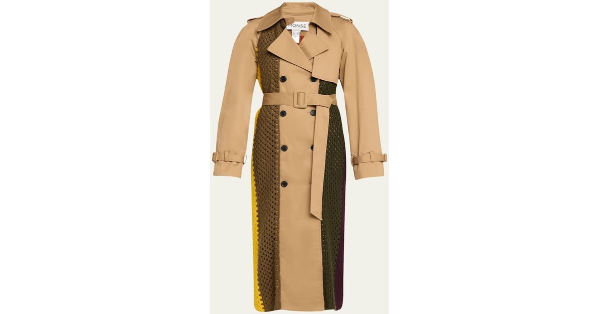 Monse Mixed-Media Crochet Belted Trench Coat in Natural | Lyst
