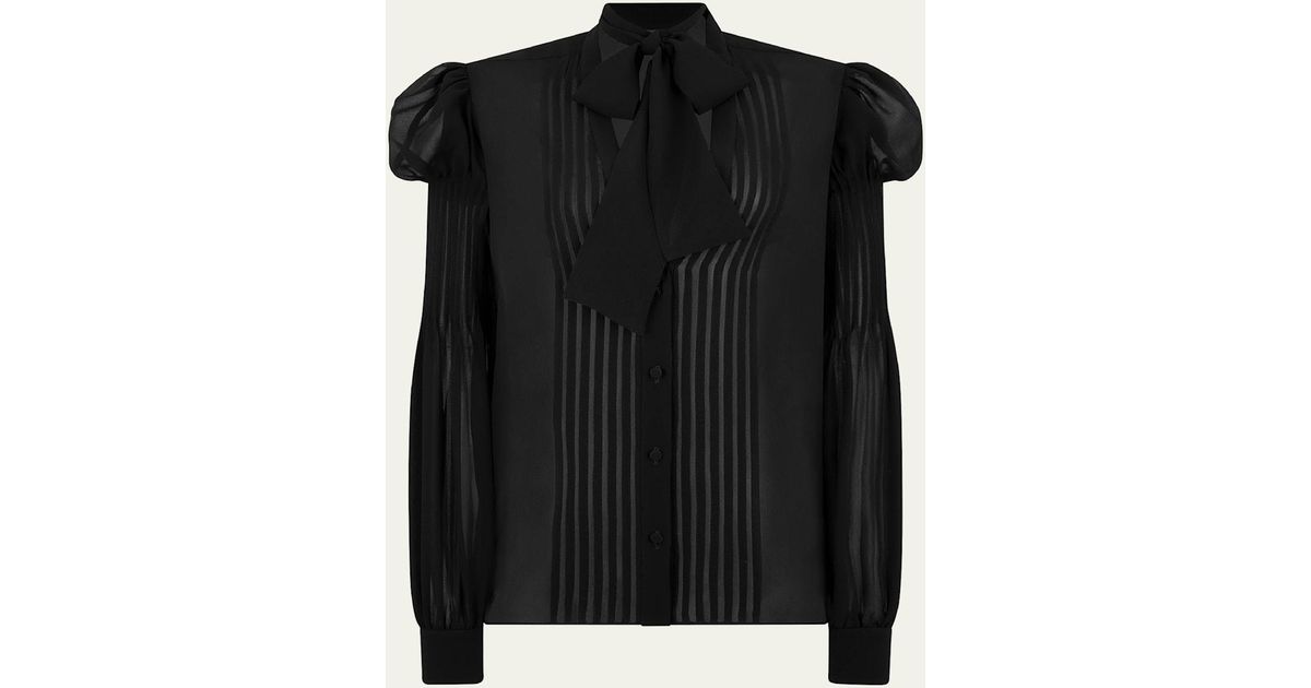 Tom Ford Semi-Sheer Silk Blouse With Tie Neck in Black | Lyst