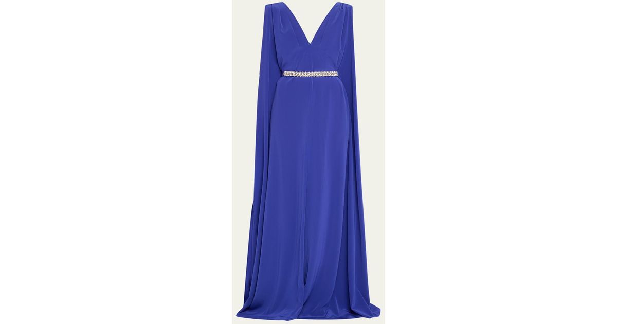 Stephane Rolland Deep V Crepe Gown With Crystal Belt in Blue | Lyst