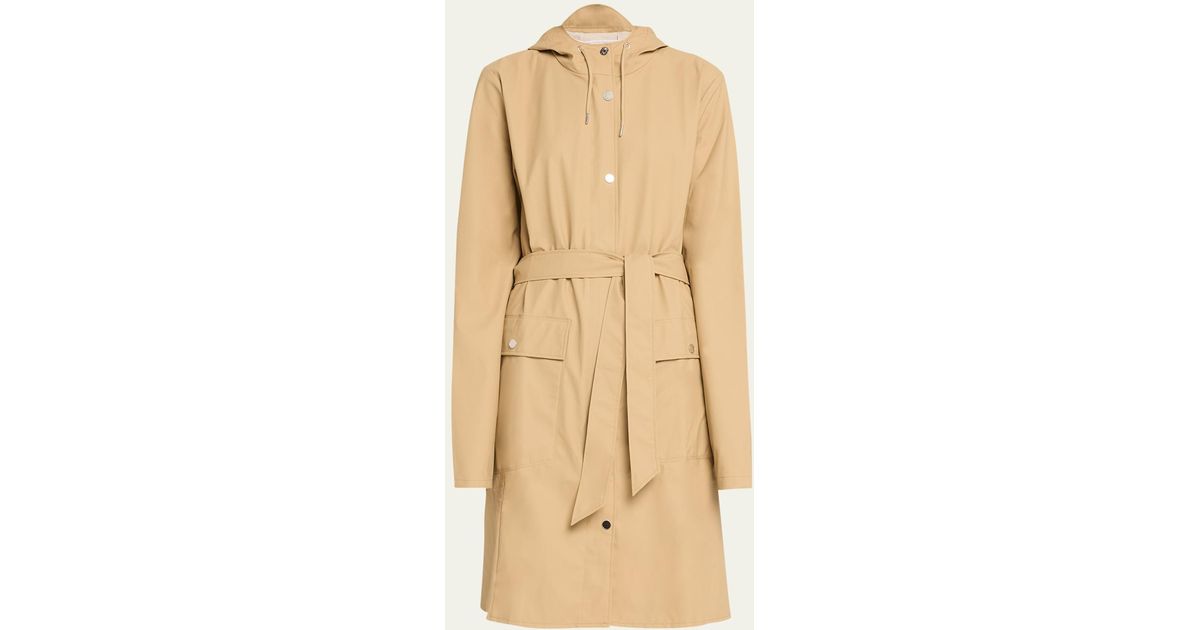 Rains Curve Belted Trench Coat With Drawstring Hood in Natural | Lyst