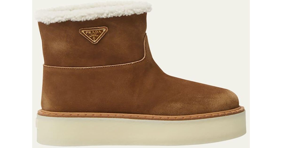 Prada Shearling Trim Platform Booties in Brown | Lyst