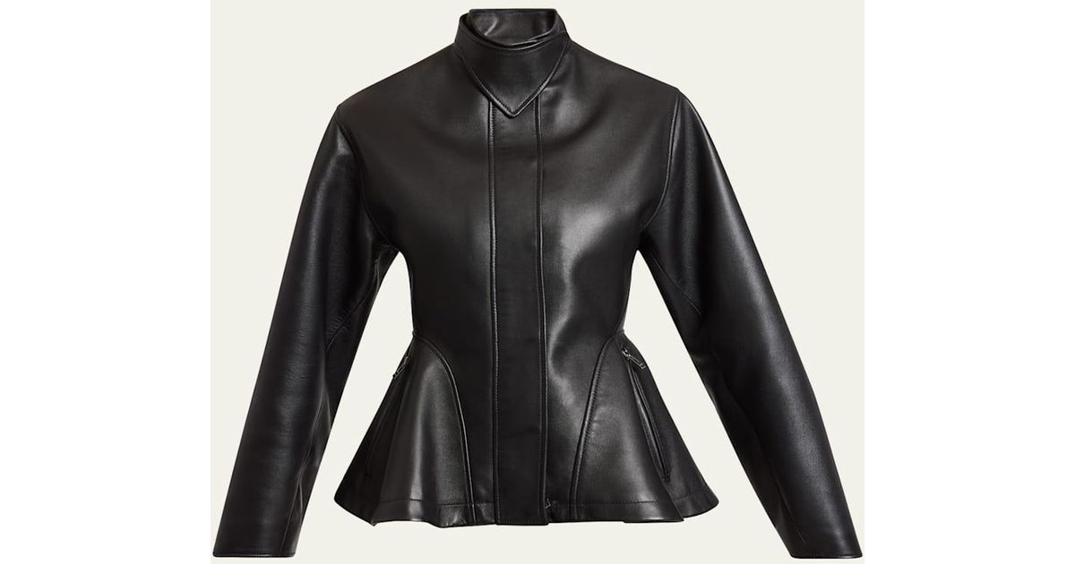 Alaïa High-Neck Leather Peplum Jacket in Black | Lyst