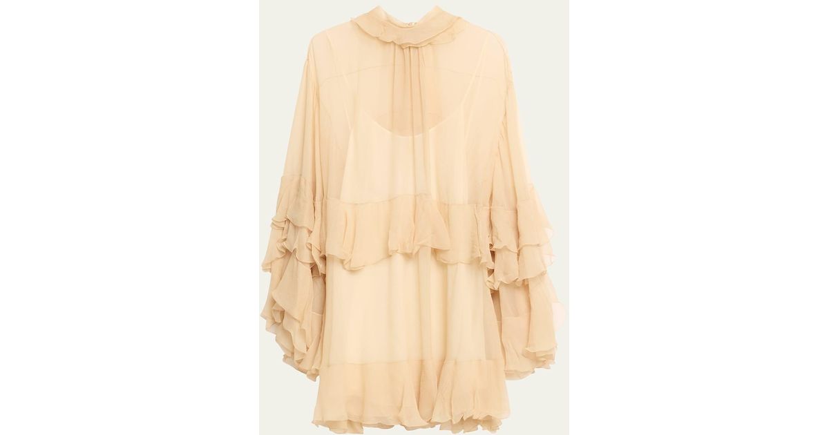 Chloé Silk Mousseline Mini Dress With Ruffle Details in Natural | Lyst