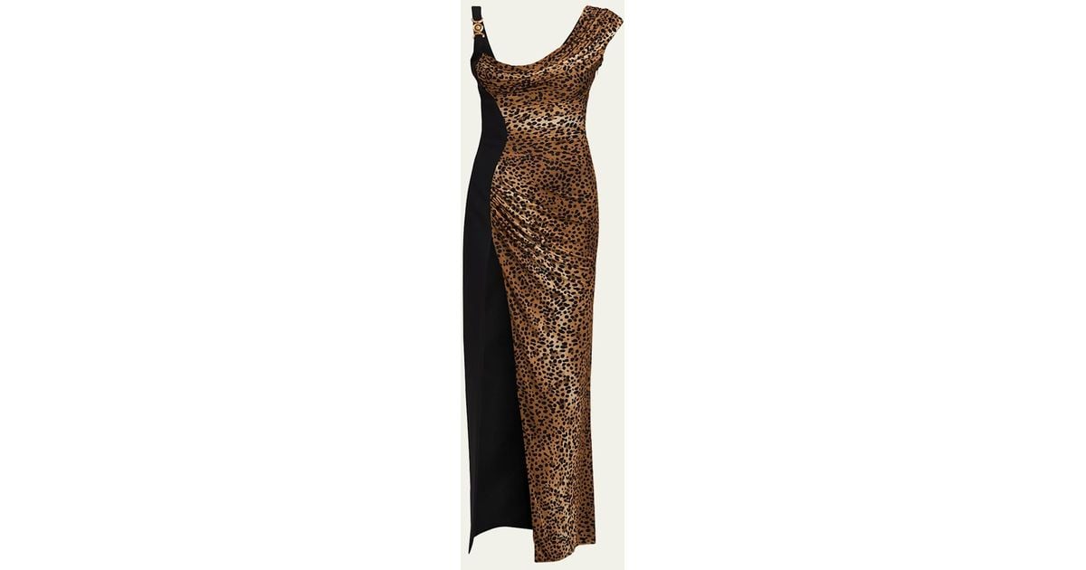 Versace Leopard-Print Draped Liquid Jersey Slit Gown in Natural | Lyst