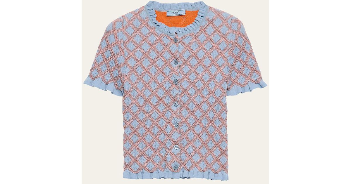 Prada Smocked Knit Diamond-Embroidered Top in Blue | Lyst