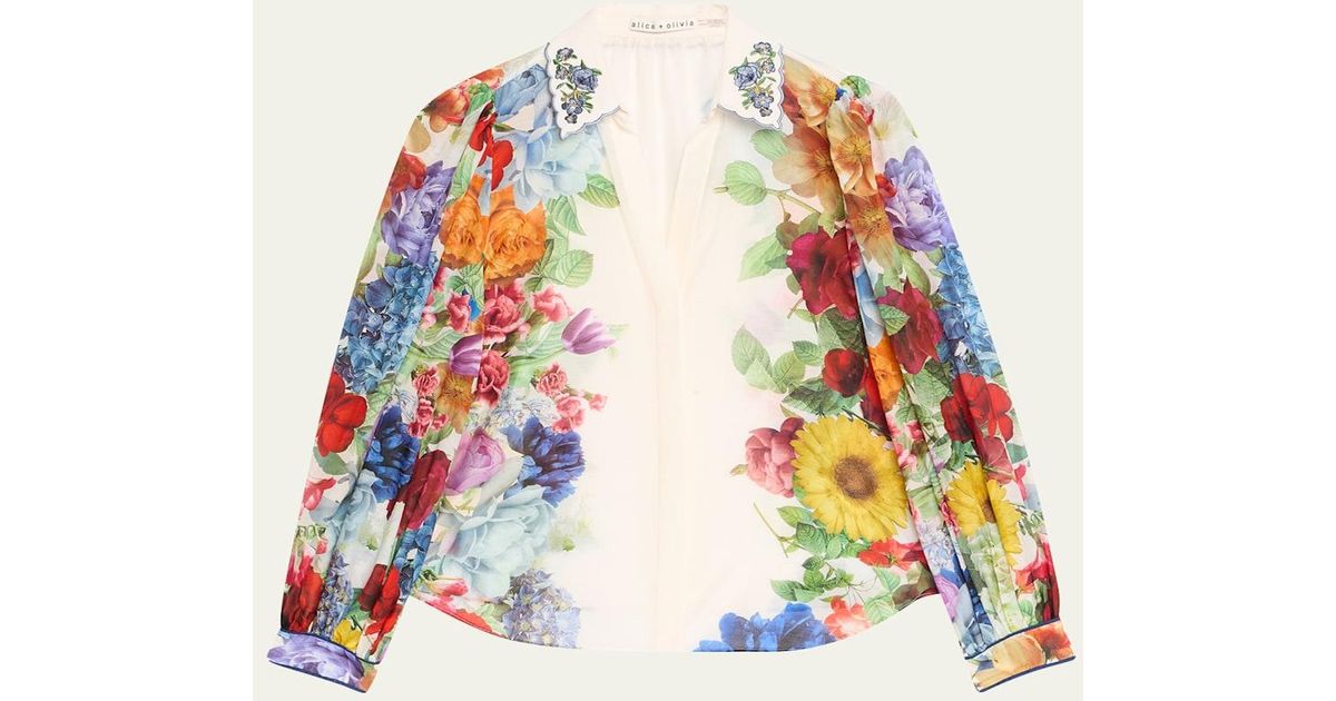 Alice + Olivia Roanne Floral Button-Front Blouse in White | Lyst