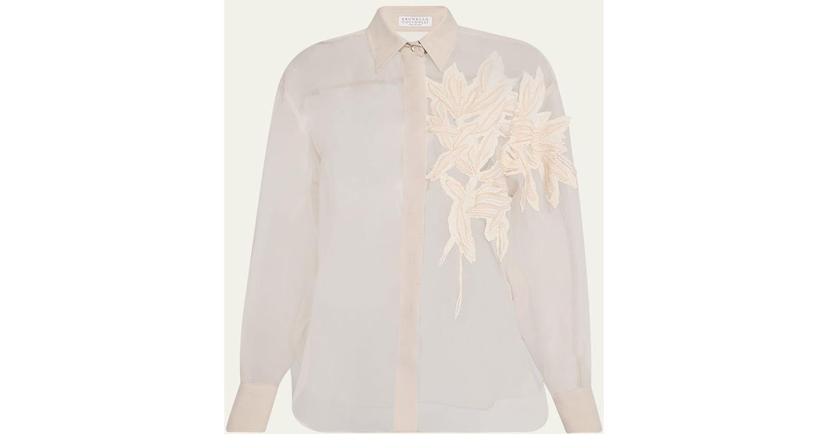 Brunello Cucinelli Laser Cut Crispy Silk Chiffon Blouse in Brown | Lyst