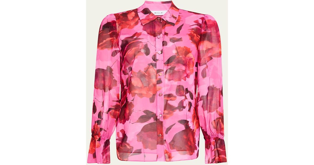 MILLY Lacey Blurred Blossom Floral-Print Blouse in Pink | Lyst
