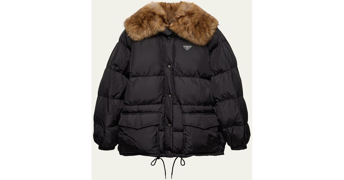Prada Puffer Jacket With Fur Collar in Black | Lyst