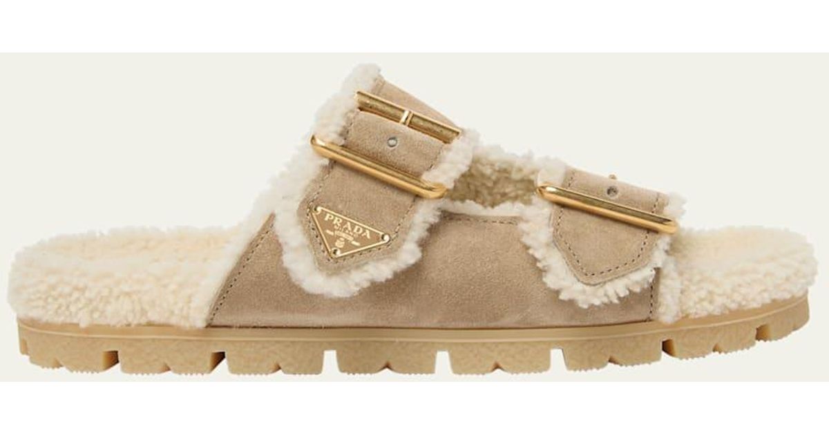 Prada Suede Shearling Lined Dual-Buckle Slide Sandals in Natural | Lyst