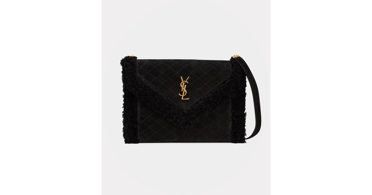 Saint Laurent Gaby Medium Ysl Shearling Shoulder Bag in Black | Lyst