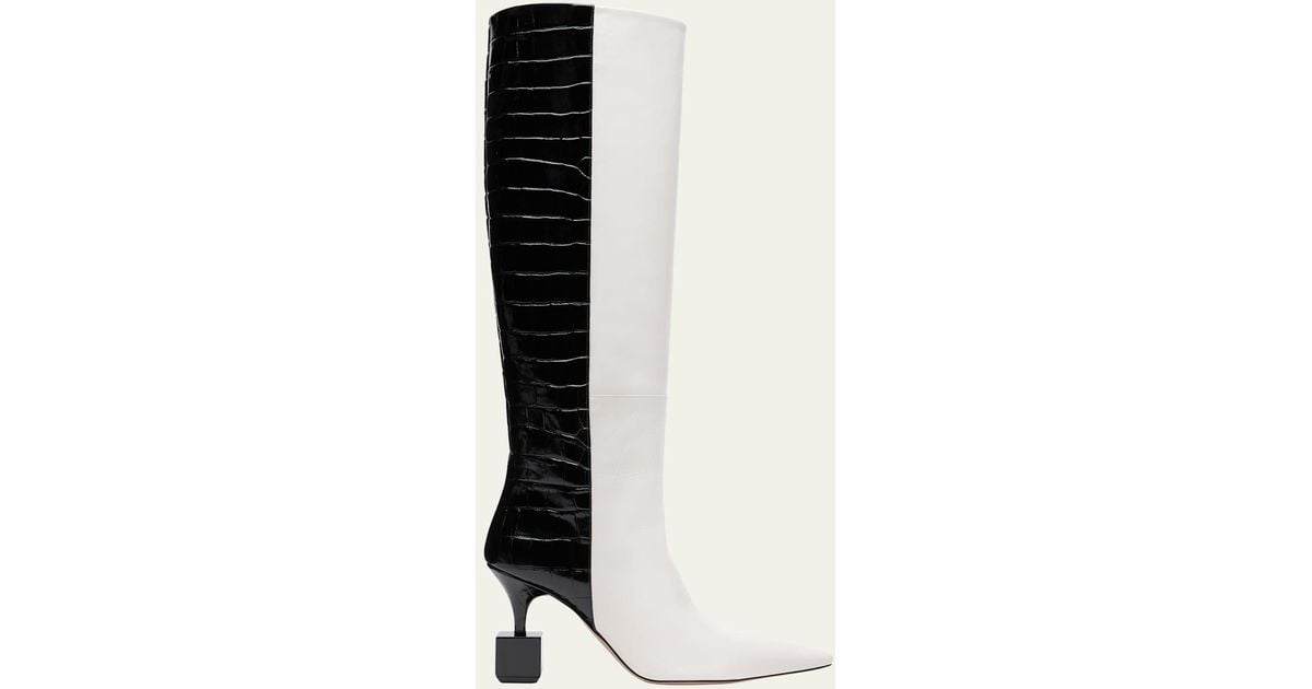 Jacquemus Mixed Leather Cube-Heel Knee Boots in White | Lyst