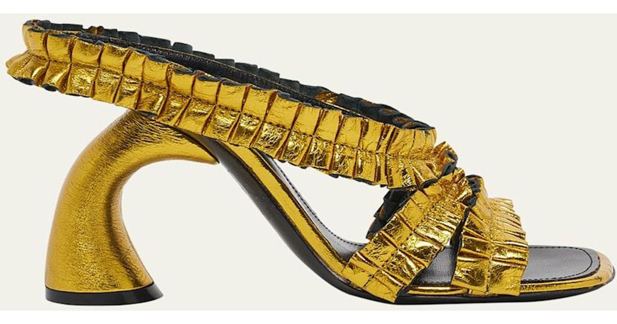 Dries Van Noten Curved-Heel Ruffled Metallic Leather Sandals in Natural ...