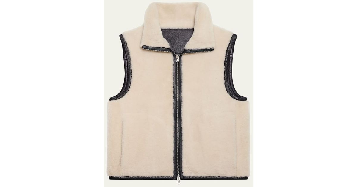 Helmut Lang Reversible Shearling Funnel Neck Full-Zip Vest in Natural ...
