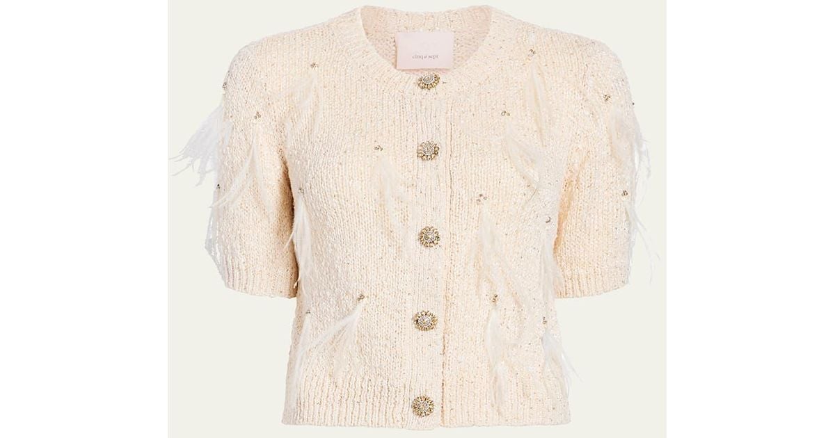 Cinq À Sept Coralie Embellished Puff-Sleeve Cardigan in Natural | Lyst