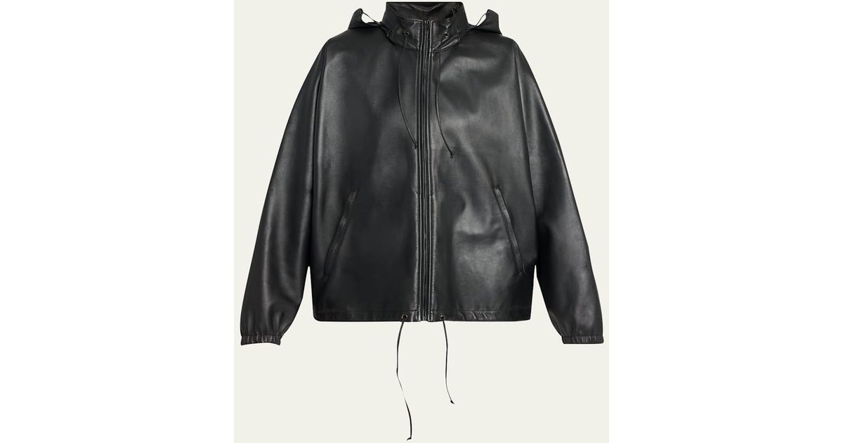 The Row Jilly Leather Zip Hooded Jacket in Black | Lyst