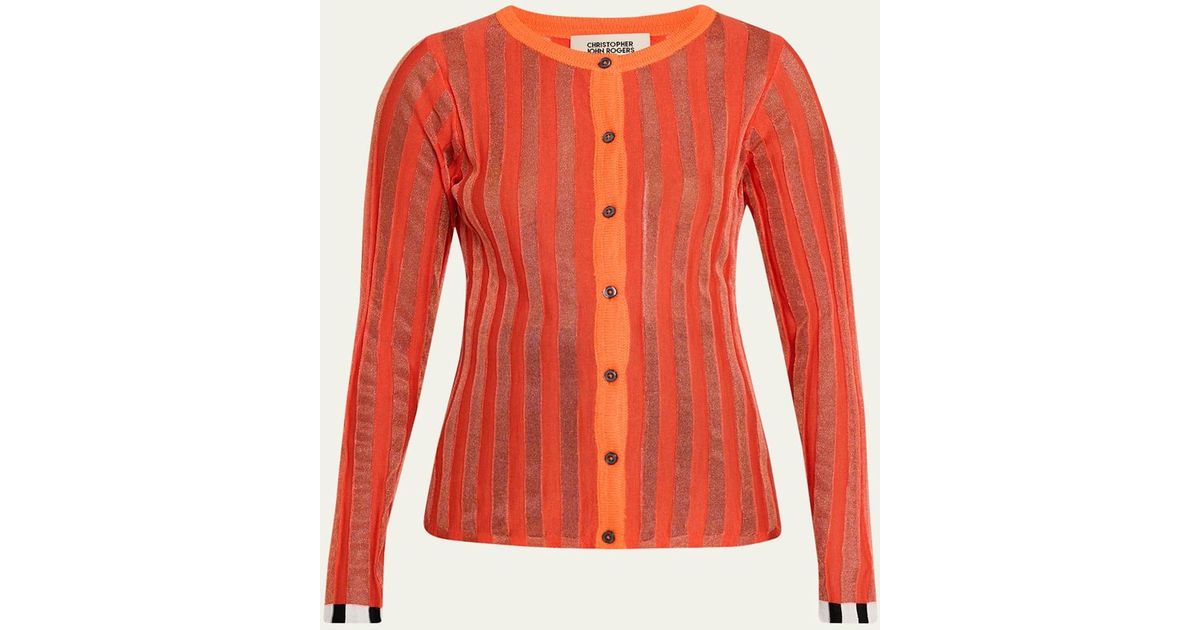 Christopher John Rogers Metallic Pleated Knit Crewneck Cardigan in Red ...