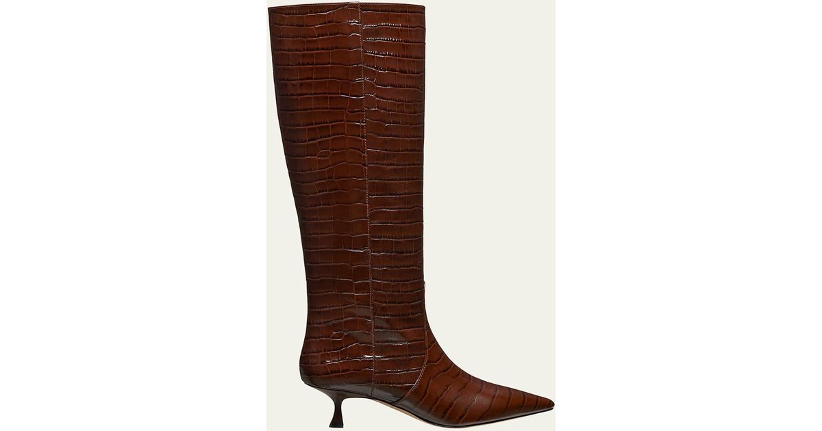 Stuart Weitzman Naomi Tall Croco Kitten Boots in Brown | Lyst