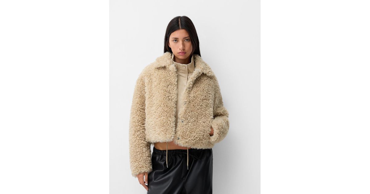 Bershka Faux Shearling Trucker Jacket in Natural | Lyst