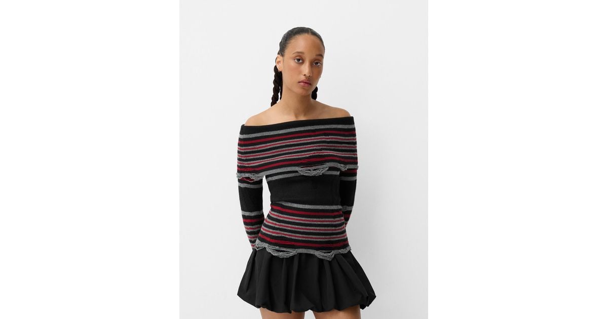 Bershka Beershka X Beetlejuice Ripped Bardot Neckline Sweater in Black ...