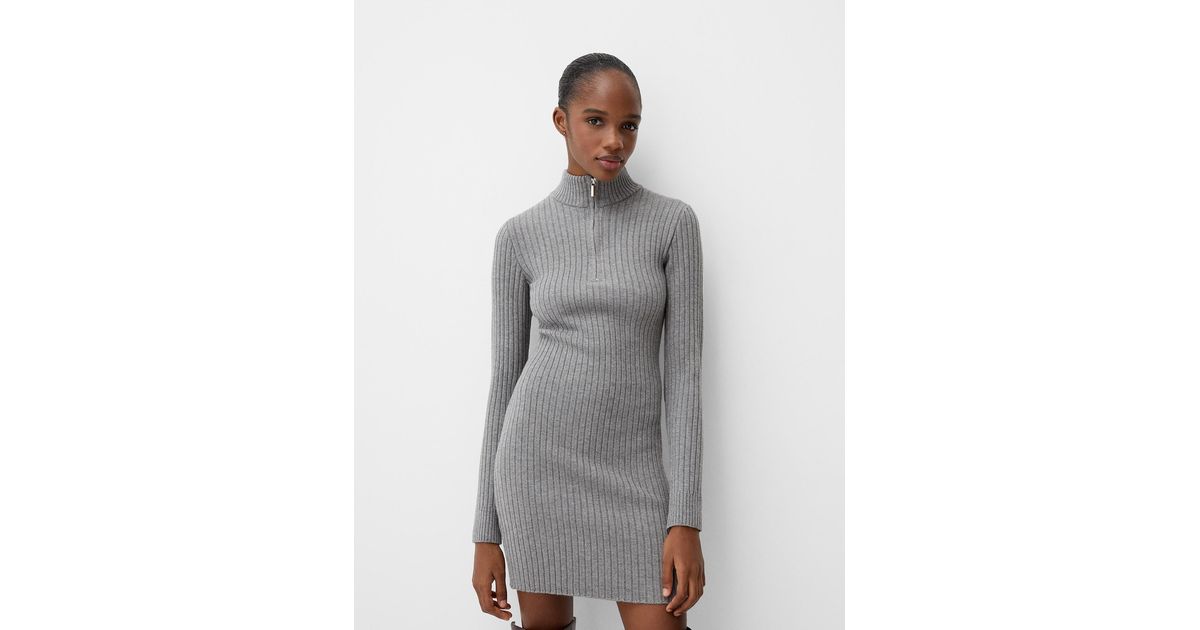 Bershka Ribbed Mini Dress With Zipper Dark in Gray | Lyst