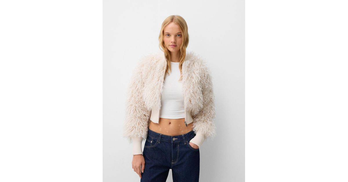 Bershka Faux Fur Jacket With Zipper in Natural | Lyst
