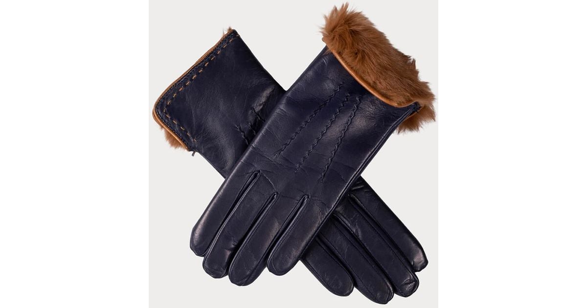 Black Accessories And Caramel Rabbit Fur Lined Leather Gloves in Blue ...