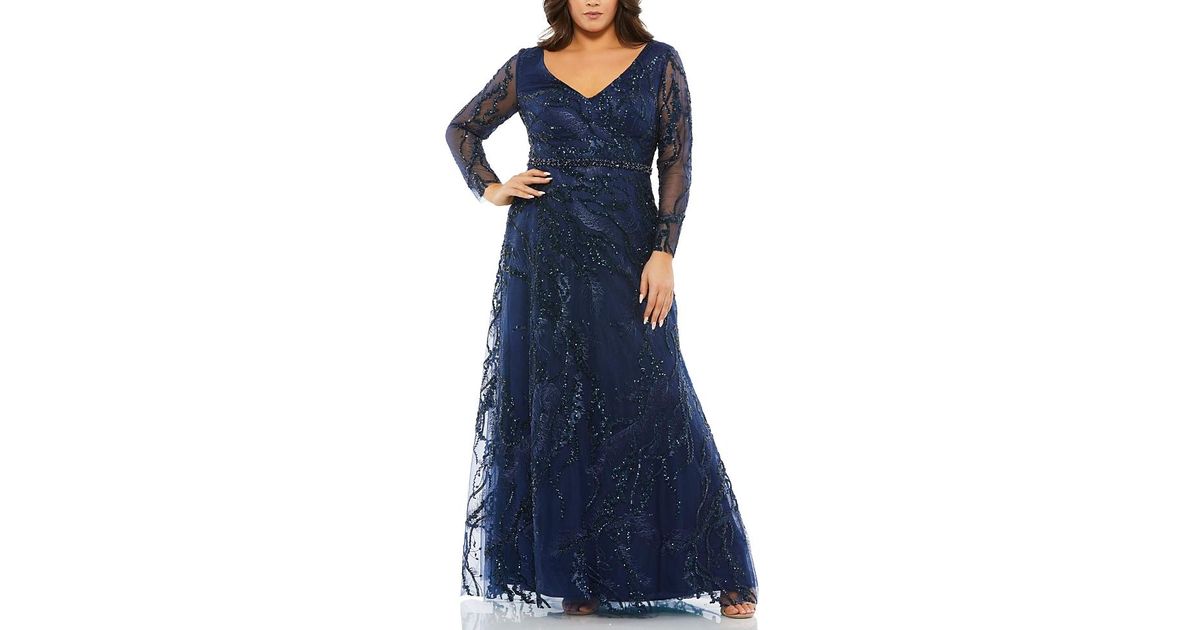 Mac Duggal Plus Size Embellished Illusion Long Sleeve V-Neck A-Line Gown in Blue | Lyst