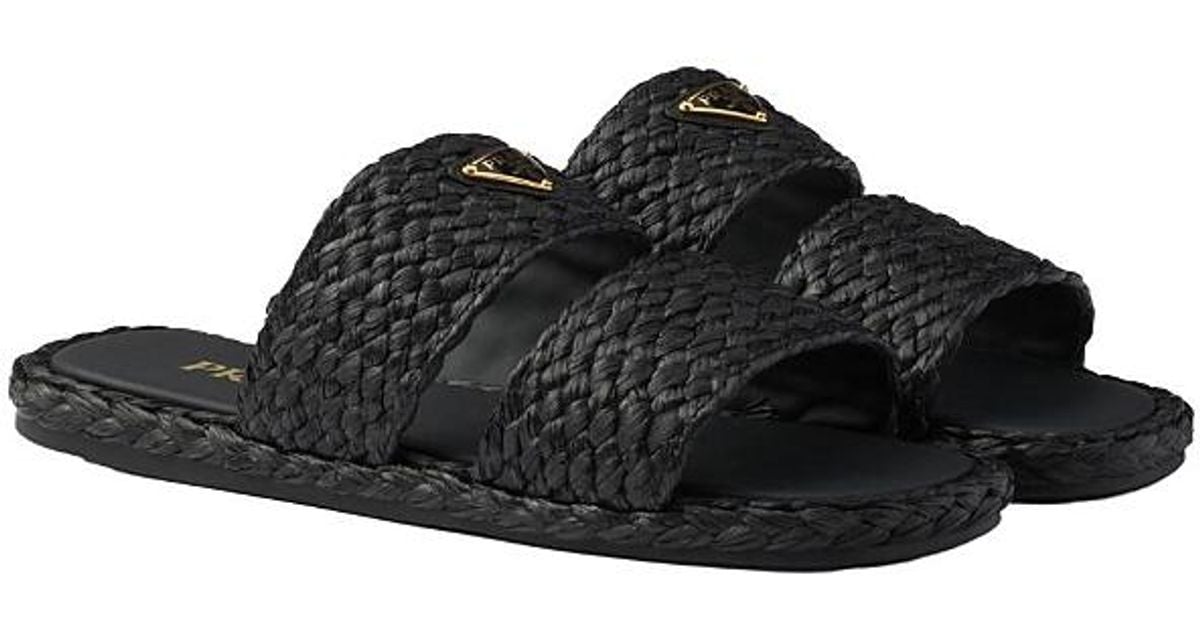 Prada Raffia Slides in Black | Lyst