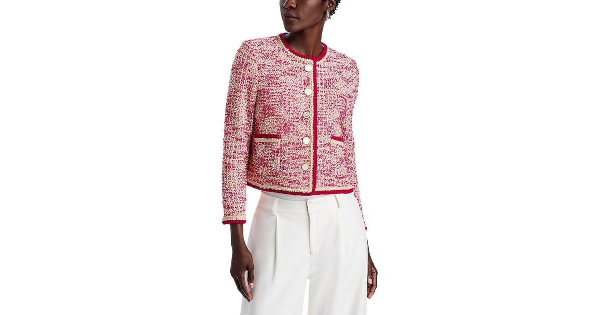 Misook Boucle Crochet Trim Knit Jacket in Red | Lyst