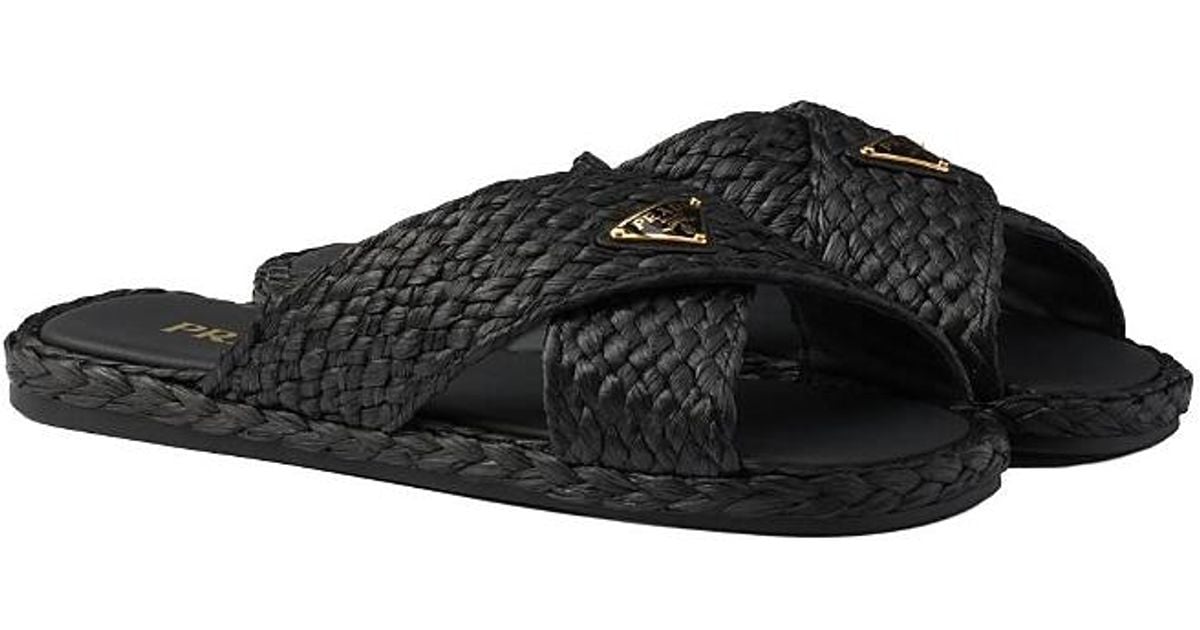 Prada Raffia Crisscross Slides in Black | Lyst