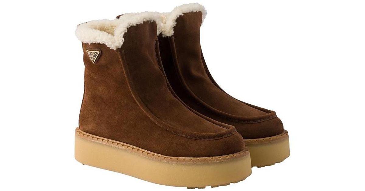 Prada Suede And Shearling Booties in Brown | Lyst