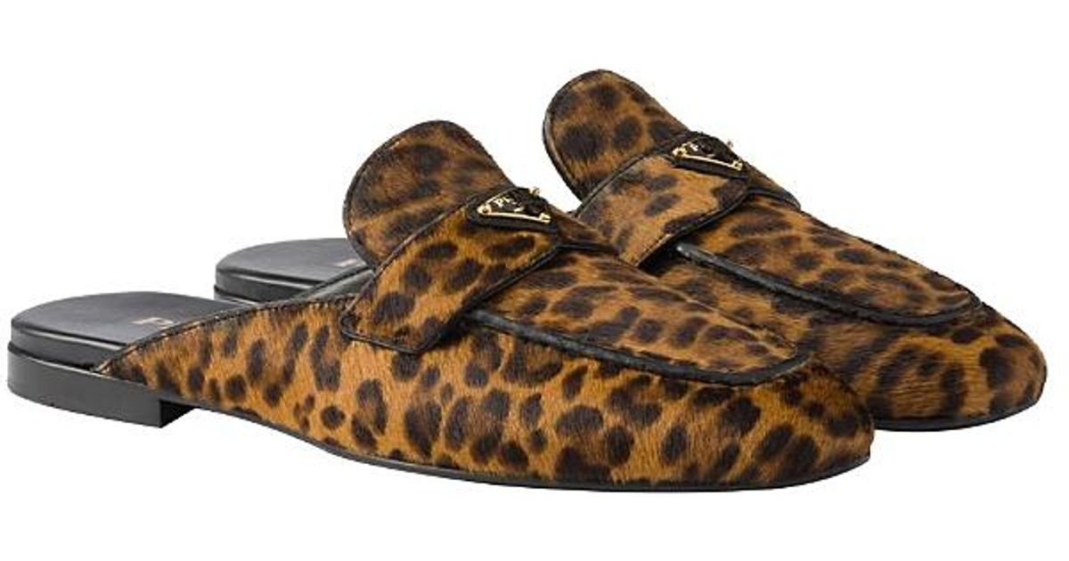Prada Leopard-Print Leather Mules in Brown | Lyst