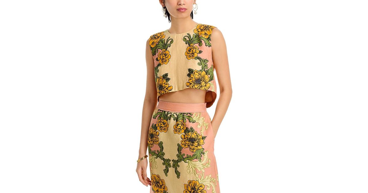FARM Rio Delicate Flower Linen Arabesque Top in Yellow | Lyst