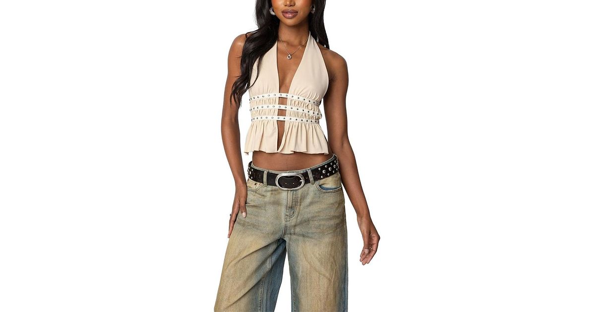 Edikted Studded Split Front Backless Halter Top in Green | Lyst
