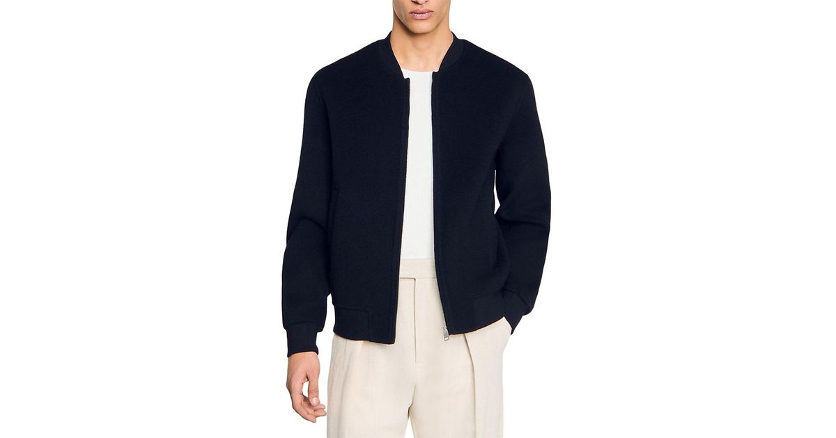 Sandro Double Faced Wool Blend Varsity Jacket in Blue for Men | Lyst