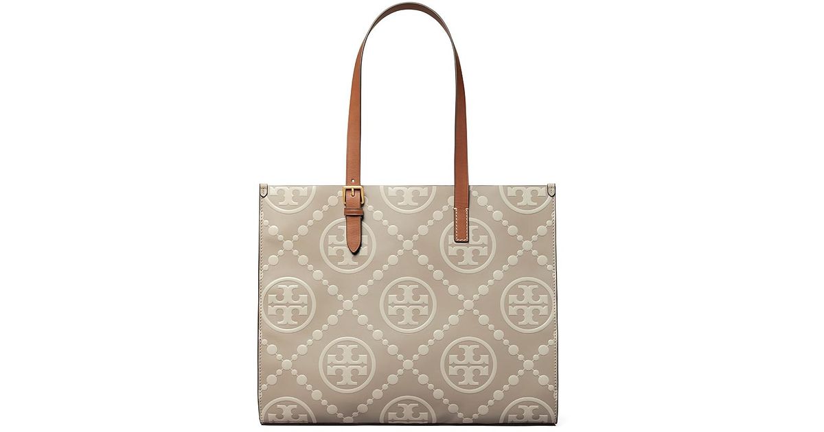 Tory Burch T Monogram Contrast Embossed Leather Medium Tote in Natural ...