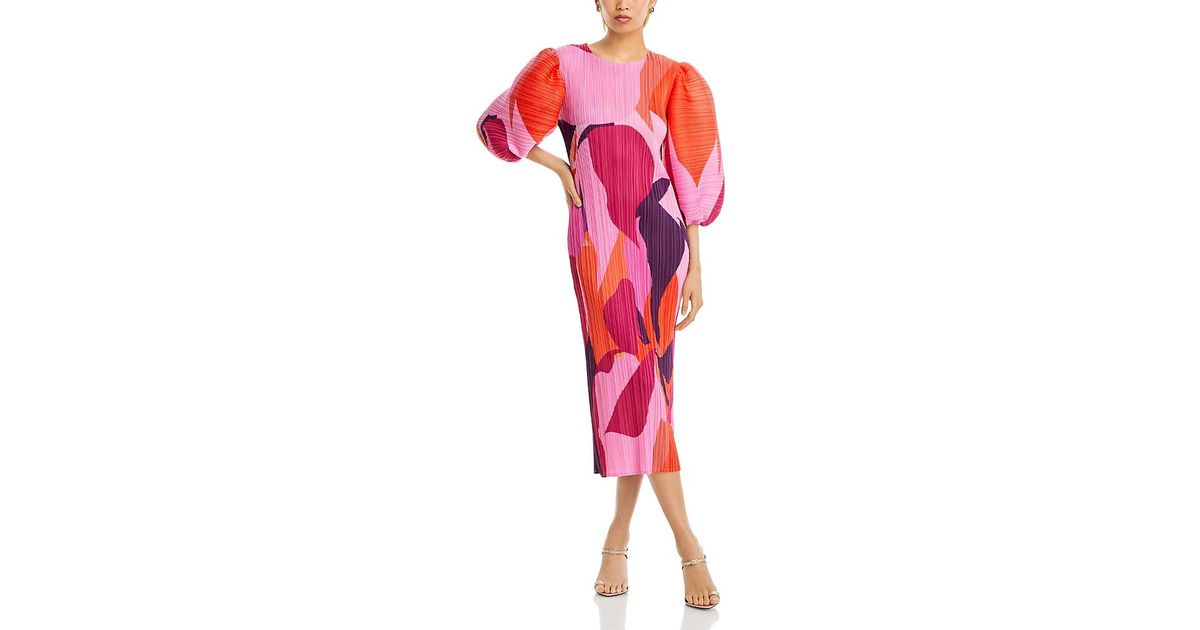 Nancy Yang Puff Sleeve Column Dress in Red | Lyst