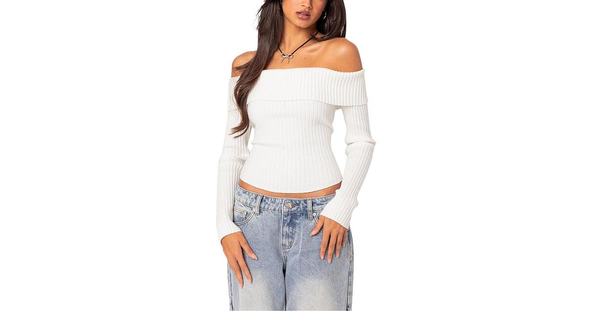 Edikted Lauren Knit Fold Over Top in White | Lyst