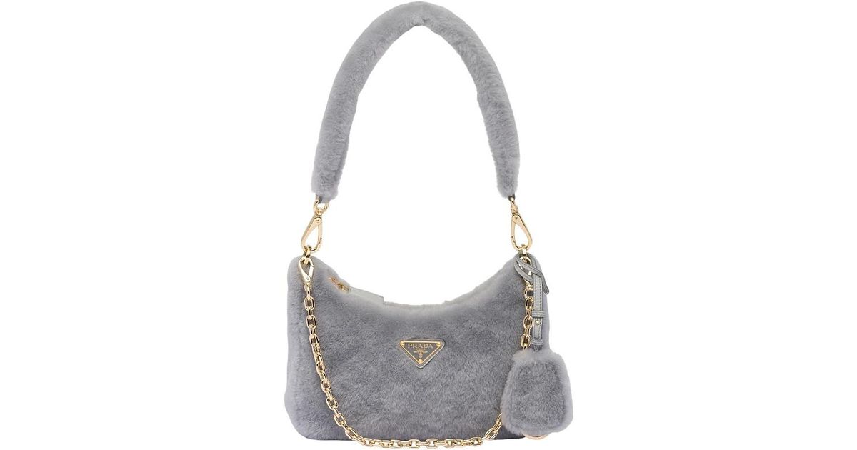 Prada Re-Edition Mini Shearling Bag in Gray | Lyst
