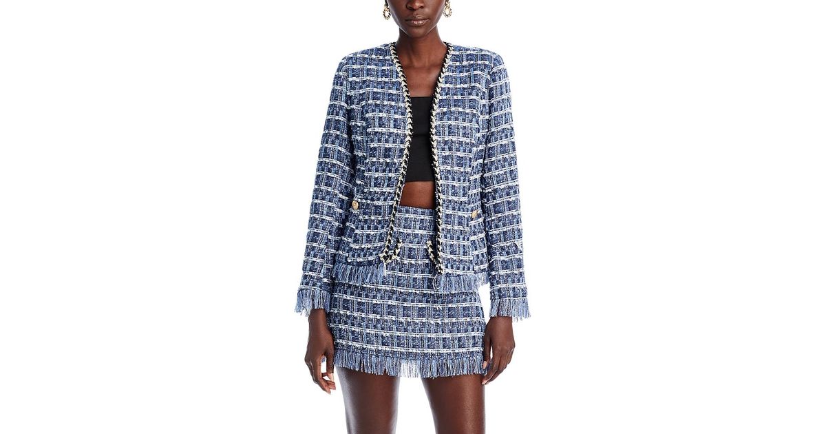 Aqua Tweed Fringe Jacket in Blue | Lyst