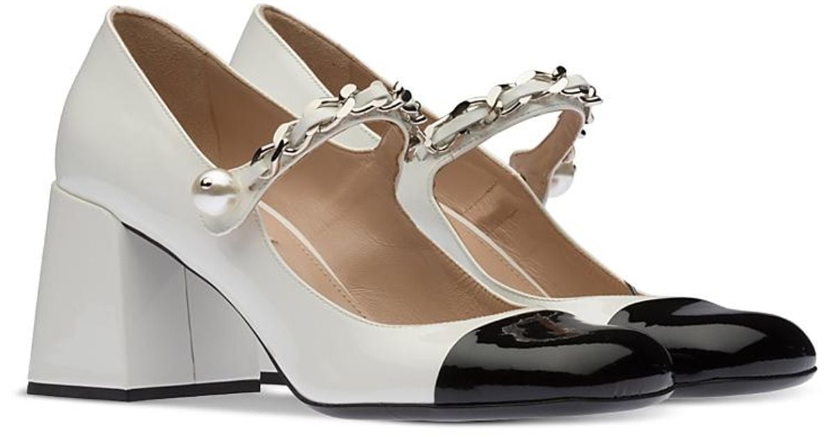 Miu Miu Cap Toe Block Heel Mary Jane Pumps in White | Lyst